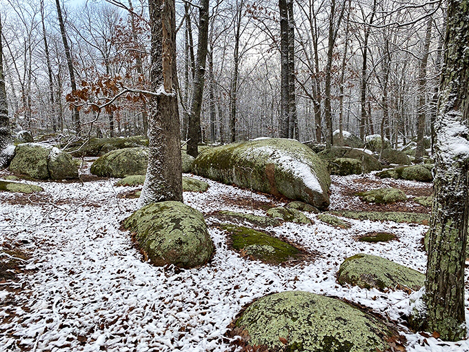 Winter transforms Elephant Rocks into a hushed fairyland where snow highlights every curve and crevice of these ancient stones.