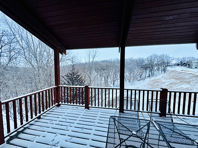 Winter's quiet magic transforms the park. From this snow-dusted cabin deck, the forest looks like it's been dipped in powdered sugar &ndash; nature's dessert.