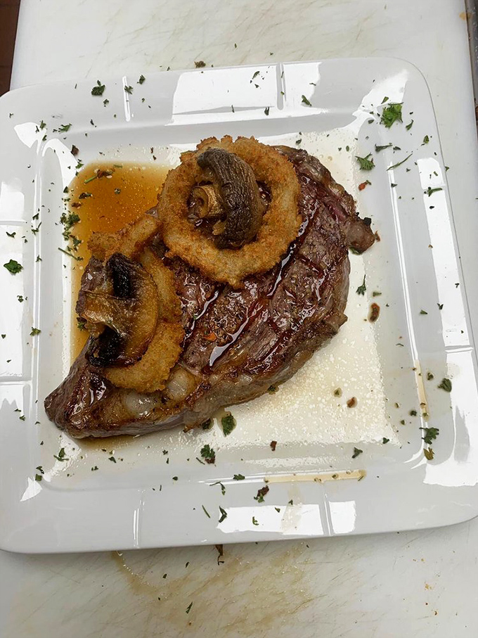 A steak that's dressed for success with those crispy onion rings&mdash;like a power suit for your plate.