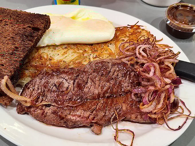 Steak and eggs: the breakfast of champions, or anyone who needs protein to face Minnesota's weather. Those crispy hashbrowns deserve their own fan club.