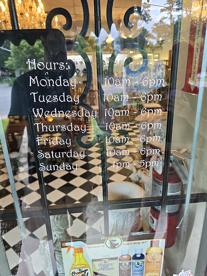 Business hours posted with vintage flair&mdash;10am to 6pm weekdays gives treasure hunters ample time to explore. Sunday's shorter hours feel appropriately civilized.