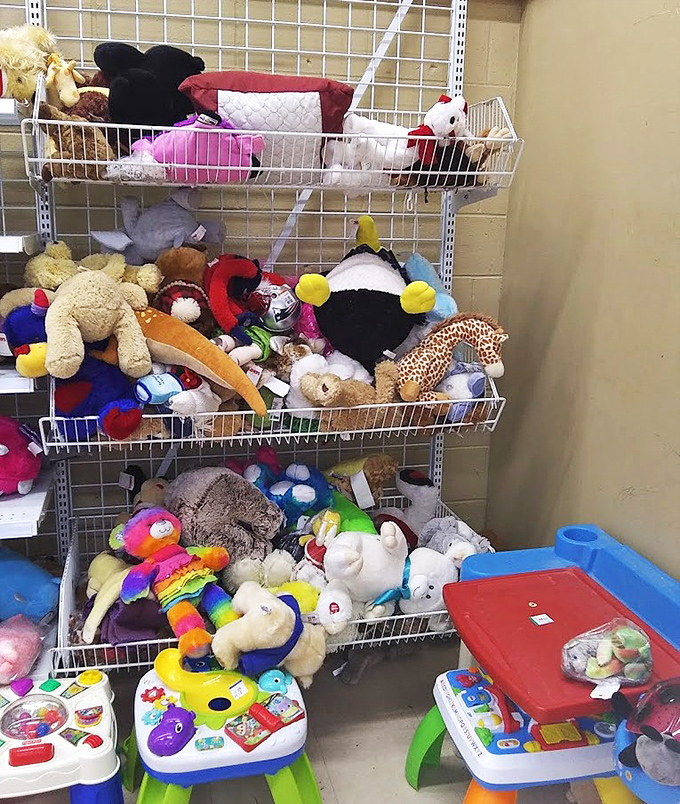 The stuffed animal section: where childhood companions await their next adventure. That rainbow unicorn has seen things, man.