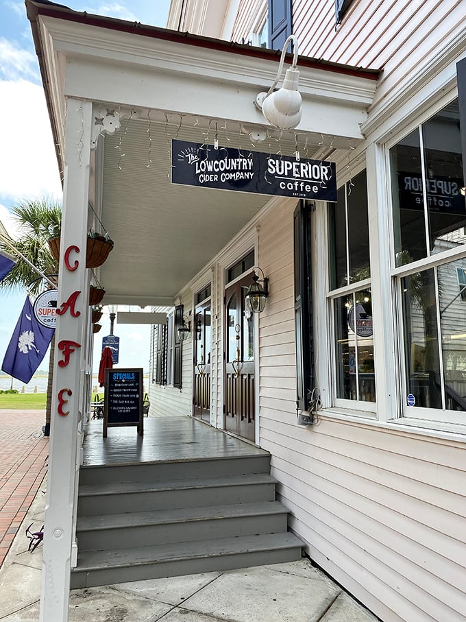 Superior Coffee and Lowcountry Cider Company share a classic white porch that practically demands you sit a spell. Southern hospitality served with a caffeinated kick.