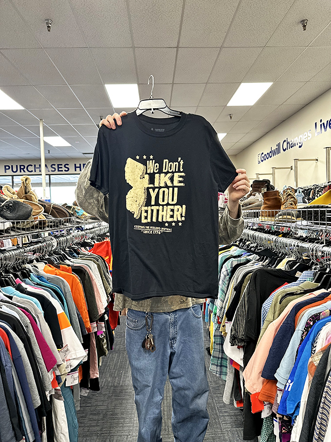 New Jersey attitude on full display! This sassy state-pride shirt embodies the perfect thrift store find&mdash;unexpected, hilarious, and absolutely essential.