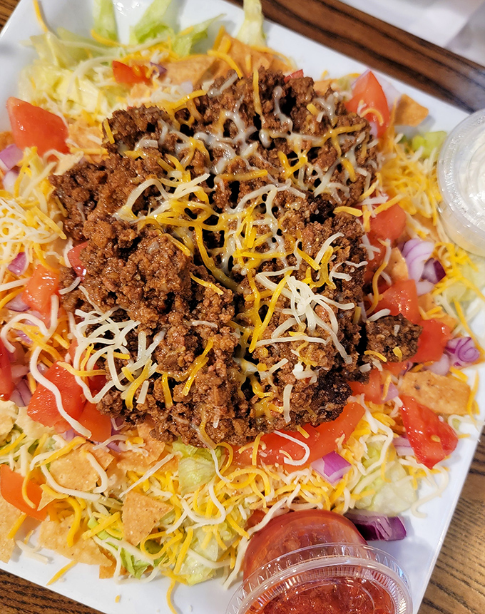 That taco salad is basically a fiesta in a bowl, with enough toppings to make every bite different.