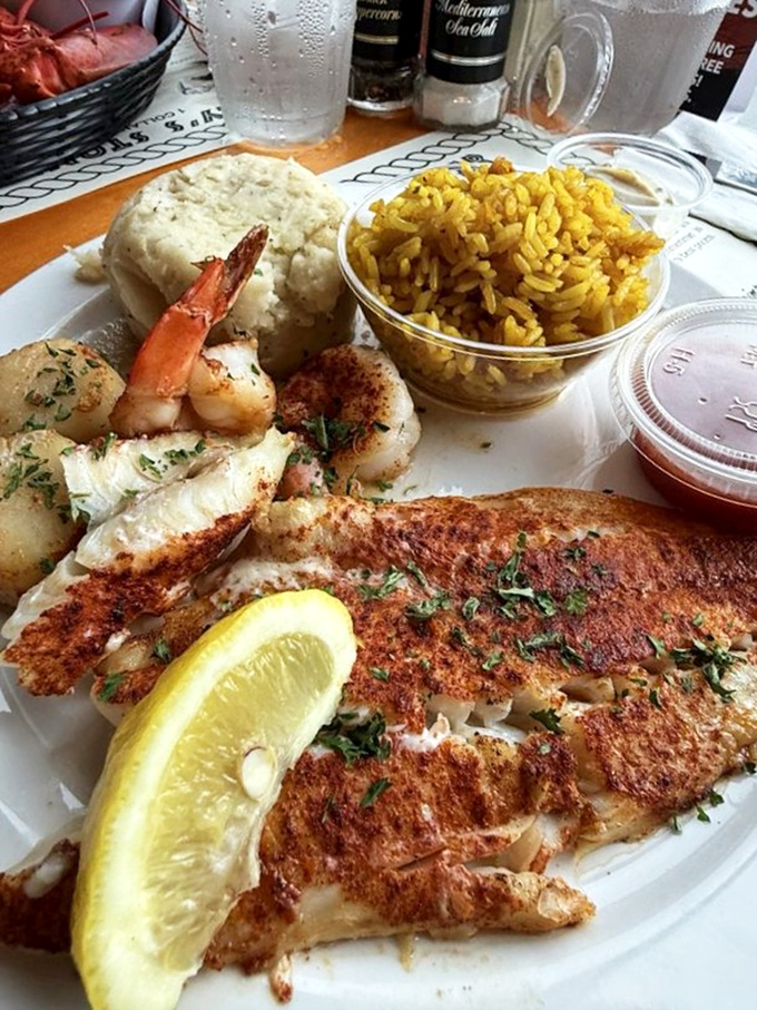 A seafood platter that's basically Florida's greatest hits album &ndash; blackened fish, plump shrimp, and sides that don't know they're supporting actors.
