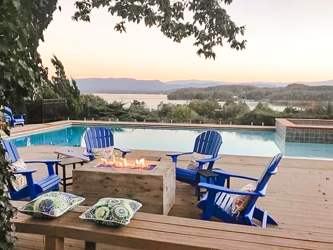 Blue Adirondack chairs, a fire pit, and that view &ndash; proof that sometimes the best entertainment doesn't require a subscription or Wi-Fi password.