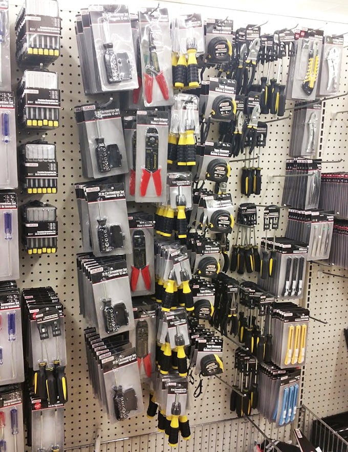 DIY dreams come true in the tool section, where home repairs become affordable adventures. These yellow-handled heroes have saved many a weekend project from disaster.