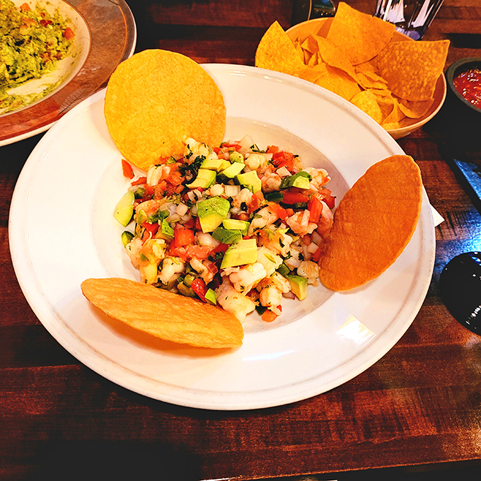 Bright, fresh ceviche with crispy tostadas standing guard like tiny edible soldiers ready for duty and dipping.