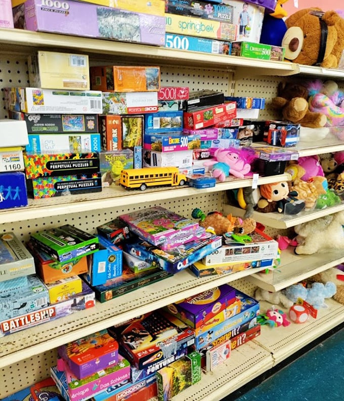 Board game heaven for rainy day enthusiasts! That yellow school bus is ready to transport some lucky kid's imagination while parents rediscover Battleship.
