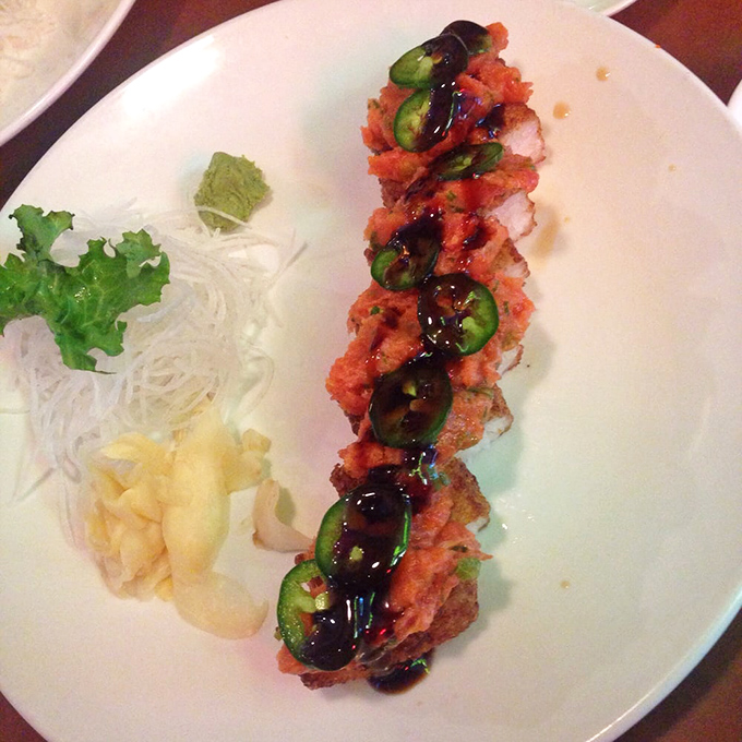 The "Tuna Bomb" lives up to its explosive name &ndash; spicy tuna topped with jalape&ntilde;os and a drizzle that ties it all together.