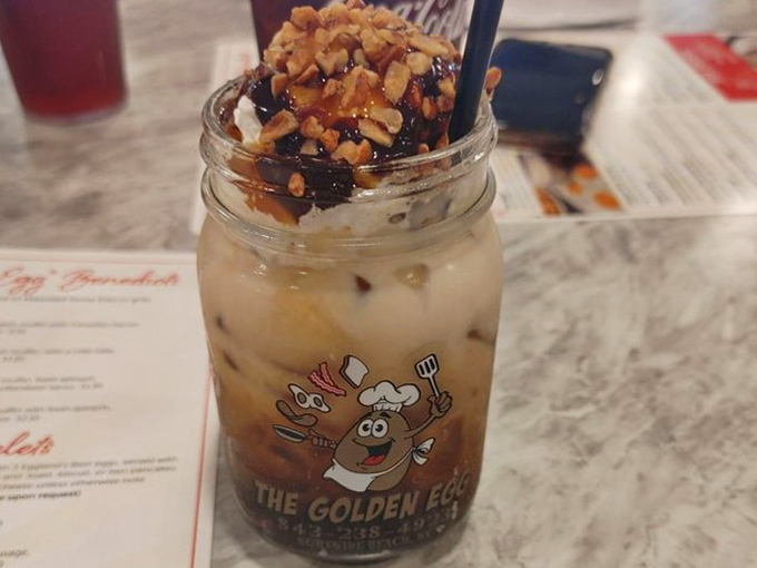 Dessert masquerading as coffee? This mason jar masterpiece topped with caramel and nuts proves breakfast can satisfy your sweet tooth without apology.