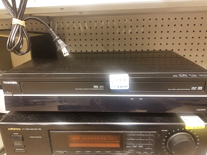 Technology time capsules abound in the electronics section. This DVD/VHS combo player bridges the gap between entertainment eras.