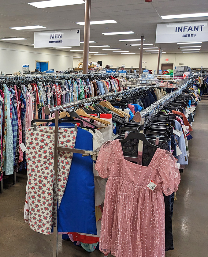 Department store organization meets treasure hunt excitement. Clear signage helps navigate this sea of possibilities where Men's and Infant sections peacefully coexist.