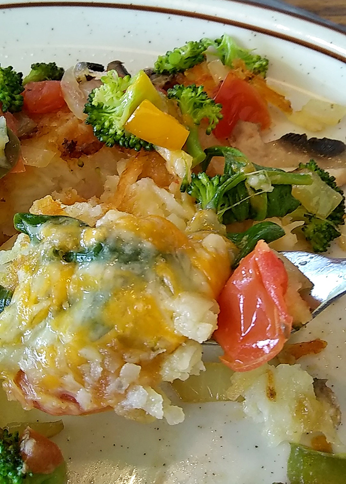 Veggie hashbrowns that somehow make eating vegetables feel like cheating on your diet. The cheese is just a bonus.