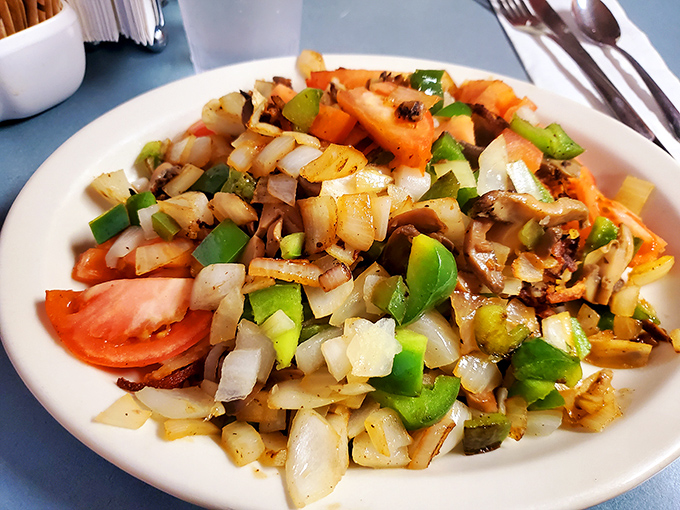 A colorful medley of freshly saut&eacute;ed vegetables that somehow makes you forget you're eating something healthy in a diner.