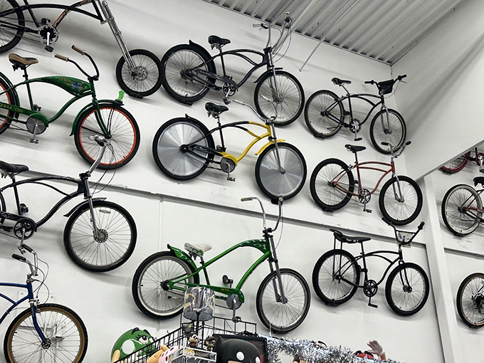 Vintage bicycles suspended like mechanical angels. Each one represents someone's first taste of freedom on two wheels.