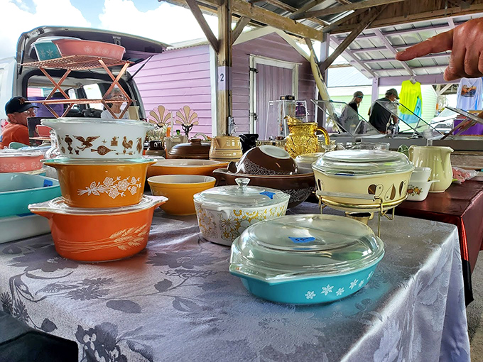 Pyrex paradise! Those turquoise and orange vintage casseroles have witnessed more family dinners than a Norman Rockwell painting.