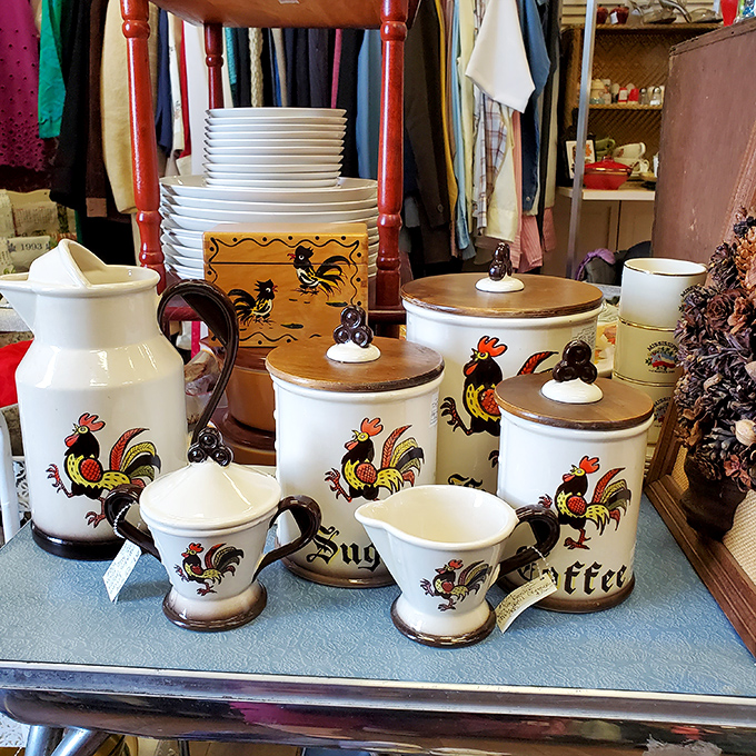 Those roosters aren't just decorative—they're judging your modern kitchen's lack of personality. Vintage kitchenware: where form meets function meets fowl.