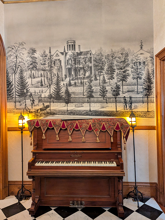 Piano, check. Historical wall mural, check. The perfect spot for Victorian influencers to show off their musical talents and cultural refinement.
