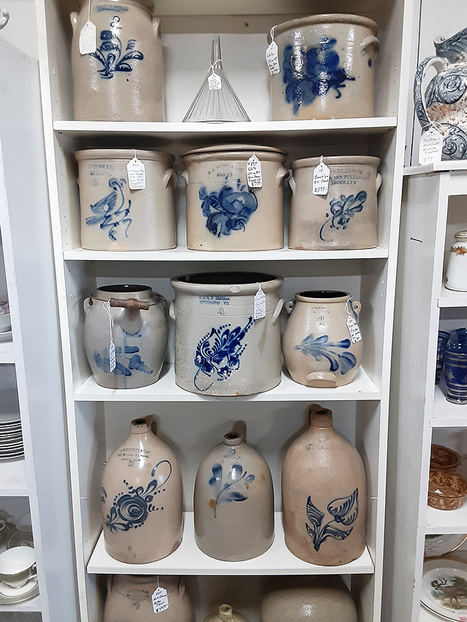 Blue-decorated stoneware that's survived generations of use. These sturdy crocks once preserved winter provisions; now they preserve a vanishing craft tradition.
