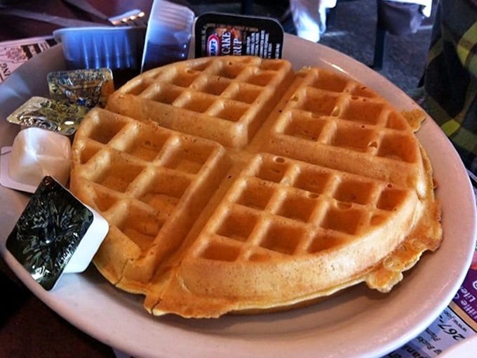 This waffle isn't just breakfast, it's a golden canvas of possibility waiting for your syrup artistry to create morning masterpieces.