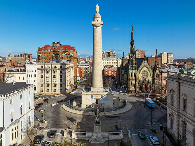 Baltimore's Washington Monument rises majestically in Mount Vernon Square, predating its D.C. cousin and serving as the city's original "I can see my house from here" viewpoint.