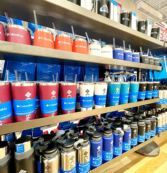 Columbia's water bottle display could hydrate a small nation. The rainbow of insulated options makes staying hydrated suddenly fashionable.