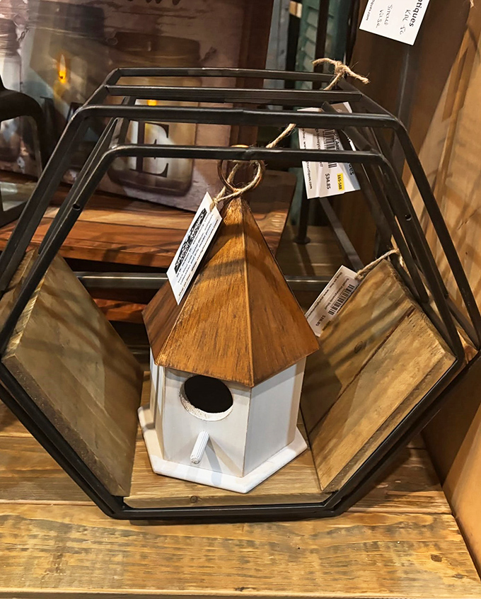 A birdhouse fit for a feathered aristocrat, displayed in a geometric showcase that makes even simple wood look museum-worthy.