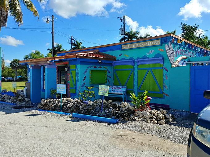 Wild Child Art Gallery lives up to its name with electric blue walls and lime green shutters&mdash;subtlety took a vacation and never returned.
