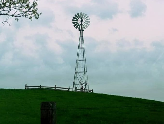 Standing tall against the Ohio sky, this windmill harnesses the same wind power that generations of farmers have relied upon before electricity changed rural life.