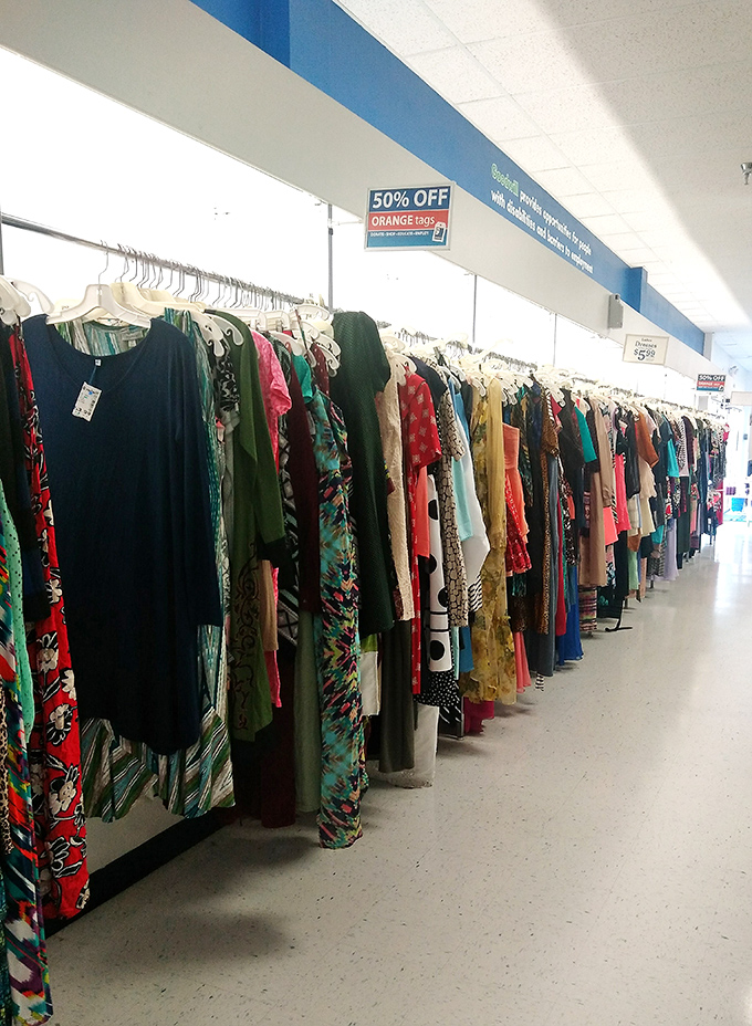 The women's clothing section &ndash; a rainbow of possibilities where vintage meets modern in a fashion time machine.