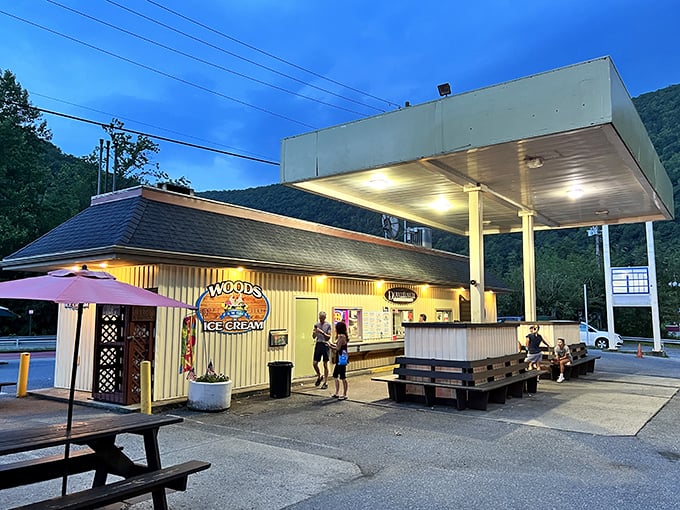 Woods Ice Cream proves that some gas stations have higher callings&mdash;serving scoops of happiness under the mountain twilight.