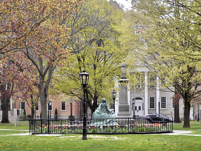 The town green's statue and gas lamps create a scene so picturesque, you'll find yourself involuntarily humming the theme from "It's a Wonderful Life."