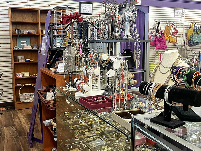 Jewelry displays that sparkle with possibility. One person's forgotten accessory becomes another's signature piece&mdash;the circle of thrift store life continues.