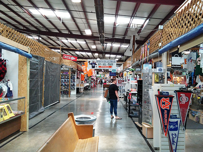 Wide, well-organized aisles invite exploration, with college pennants and sports memorabilia signaling you're deep in SEC territory.