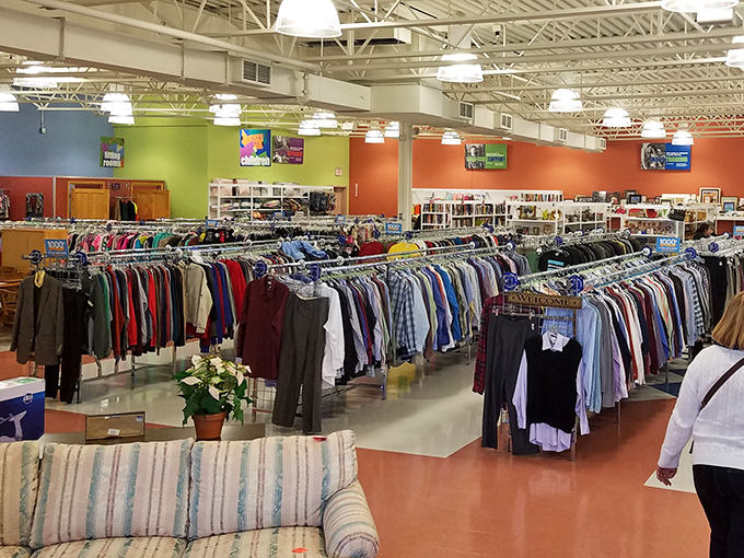 The clothing section stretches like a sea of possibilities, where designer labels hide among everyday brands, waiting for the sharp-eyed fashionista.