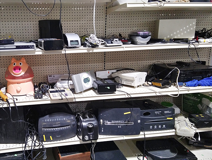 The electronics section: where yesterday's technology finds tomorrow's tinkerer. That pig-shaped humidifier has stories to tell, don't you think?
