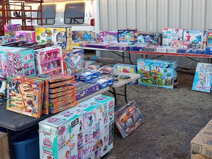 Toy wonderland that makes grandparents heroes! Brand-name playthings at swap meet prices mean more smiles per dollar for the little ones.
