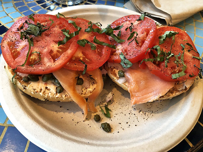The bagel with lox that would make any New Yorker nod in approval&mdash;fresh tomatoes and salmon arranged with the precision of a Renaissance painting.
