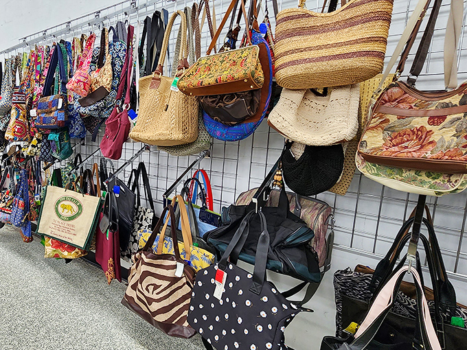 Handbag heaven! Each purse once carried someone's essentials and secrets. Now they're waiting for your lipstick, phone, and mysterious receipts.