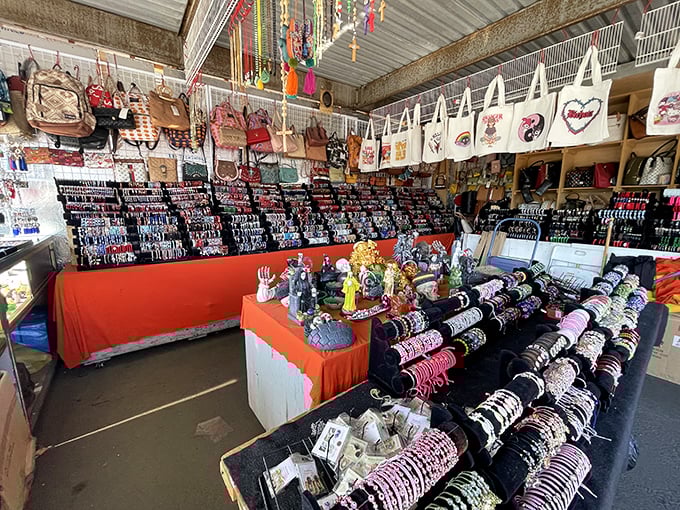 Accessory overload in the best possible way. Handbags, jewelry, and trinkets create a treasure hunt where patience rewards the persistent shopper.