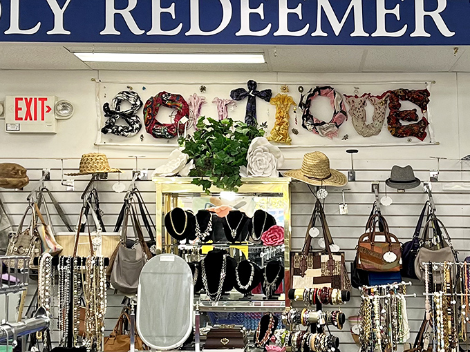 The accessories corner: where vintage scarves spell "BOUTIQUE" and yesterday's handbags await tomorrow's vintage-loving fashionistas.