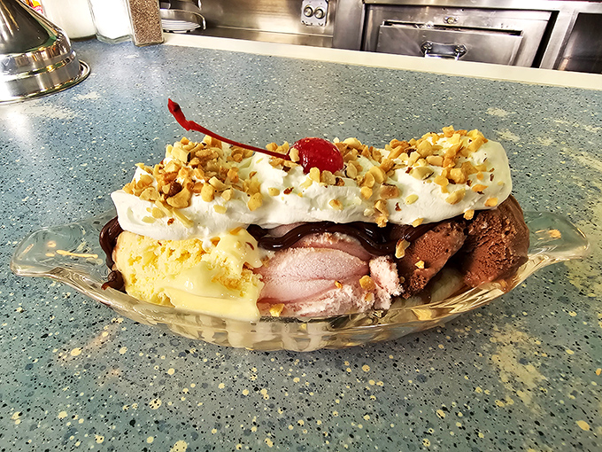 Dessert nostalgia in a dish. This classic banana split with all the trimmings proves some pleasures never go out of style.