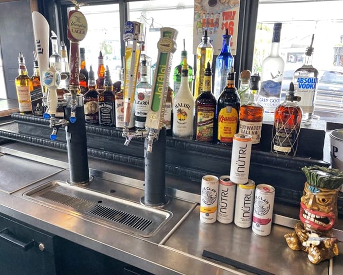 The bar stands ready for duty with soldiers of spirits lined up to combat your sobriety with tropical reinforcements.