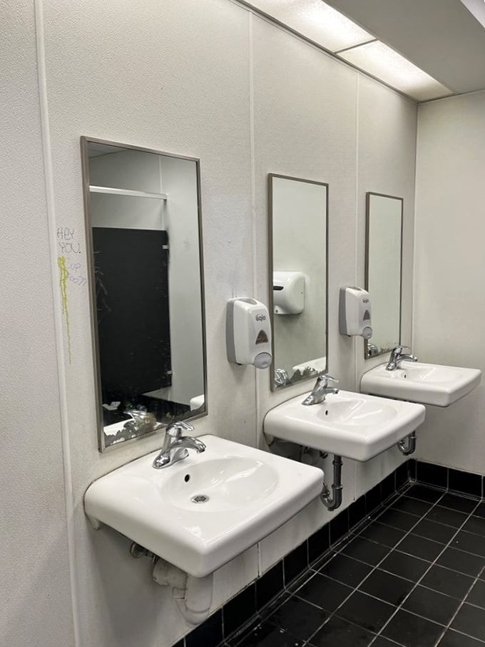 Even the restrooms maintain that no-frills thrift store aesthetic. Clean, functional, and ready for shoppers who've worked up a hand-washing need after treasure hunting.
