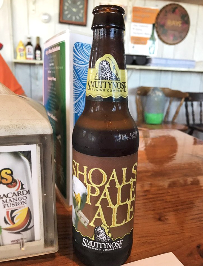 A local Smuttynose Shoals Pale Ale&mdash;because nothing complements seafood better than a crisp beer from just down the coast. The wooden table has probably heard thousands of satisfied sighs.