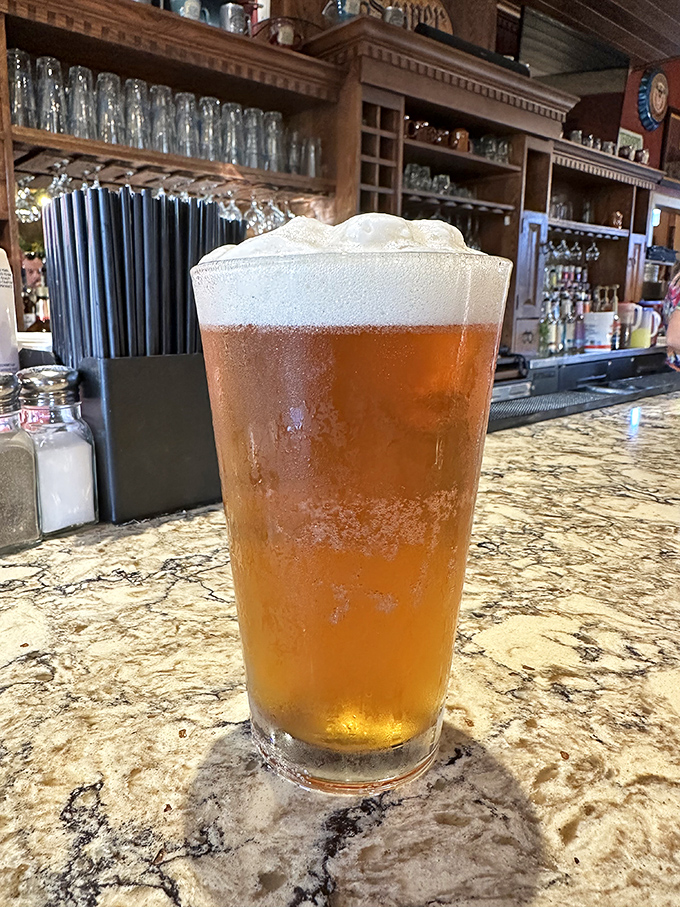 A perfectly poured craft beer catching the light just right&mdash;liquid amber topped with a cloud-like head that whispers, "Take a sip, you deserve it."