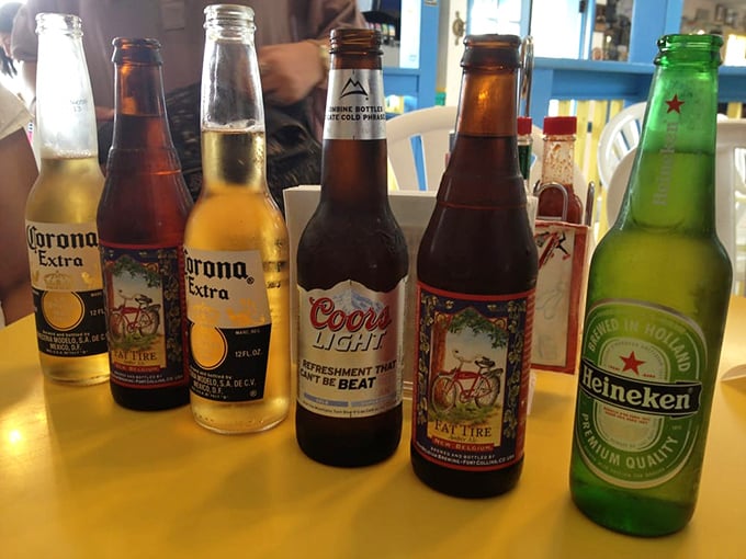 The international delegation of beers standing at attention, ready to wash down whatever seafood masterpiece you've committed to.