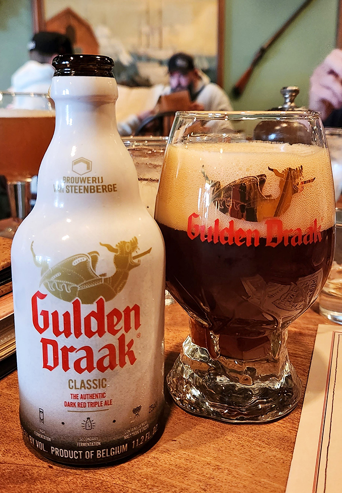 Belgian beer served with the reverence it deserves. Gulden Draak arrives like liquid treasure in its own chalice&mdash;because drinking this from a regular glass would be colonial sacrilege. 